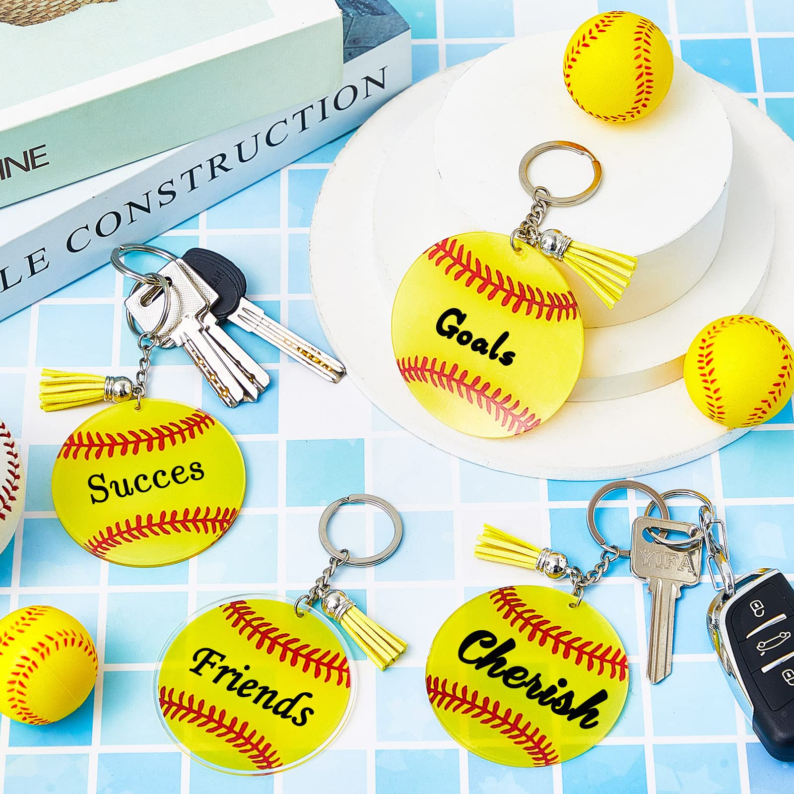 Taiyin 20 Pcs Softball Baseball Acrylic Keychain Blanks Acrylic Keychain with Tassel,Softball Party Gifts for Team(Softball)