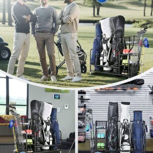 Mythinglogic 3 Golf Bags Storage Organizer-Extra Large Size Fits 3 Full Size Golf Bags,Golf Organizer for Golf Equipment and Accessories, Golf Club Storage Rack with Lockable Wheels