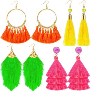 4 pairs neon earrings for women tassel earrings neon pink earrings 80s 90s dangle colorful layered tassel earrings for women 80's party fringe drop earrings girls jewelry birthday