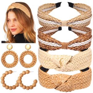 phalin 6pack straw knotted headband rattan earrings set, boho woven straw raffia rattan hairbands, wide top knot headbands for women summer beach hair accessory (4pcs+2pairs)