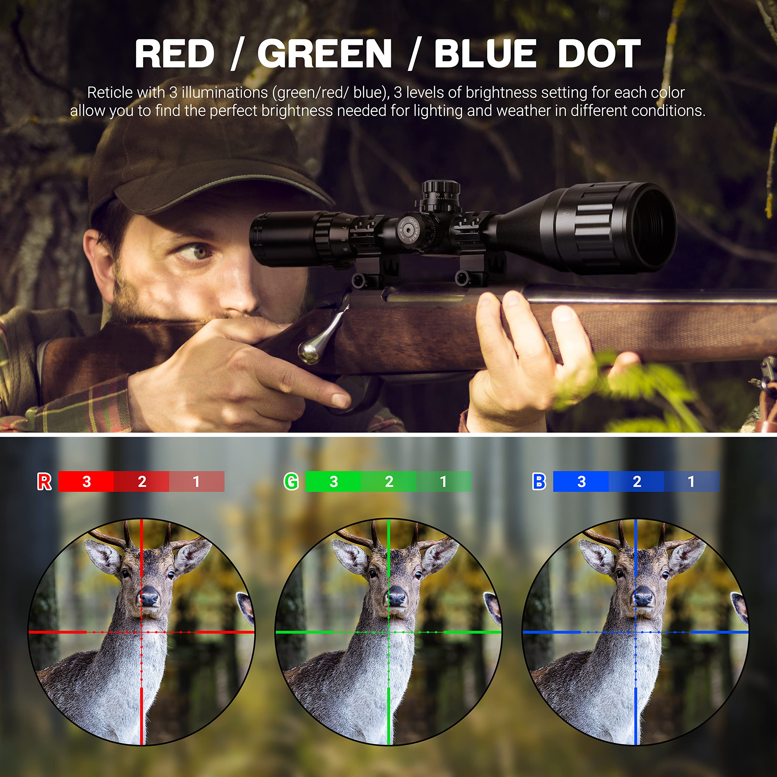 ESSLNB Airsoft Scope 3-9X50mm Red/Green/Blue Mil-dot Reticle Crosshair Rifle Scope with Sunshade Locking/Hold Zero Turrets and 2 Mount Rings