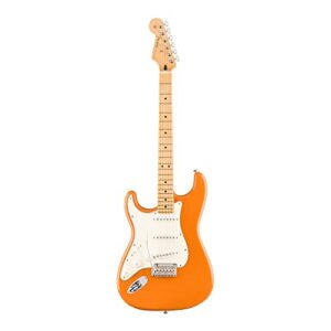 Fender Player Stratocaster 6-String Guitar (Capri Orange, Left Hand) Value Bundle with Gig Bag, Instrument Cable, Clip-on Tuner, Stand, Strings, Strap, Learning Book, Picks and Prepaid Card (10 Items)