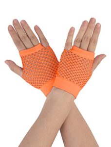 allegra k women's fingerless mesh 1980s fancy dress party costume accessories fishnet gloves long-1pair orange