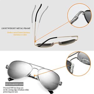 HJSTES Polarized Aviator Sunglasses for Women Men Classic Metal Shades Mirror Lens 100% UV Blocking, 58mm(Silver Frame/Silver Mirrored)