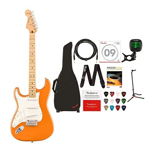 Fender Player Stratocaster 6-String Guitar (Capri Orange, Left Hand) Value Bundle with Gig Bag, Instrument Cable, Clip-on Tuner, Stand, Strings, Strap, Learning Book, Picks and Prepaid Card (10 Items)