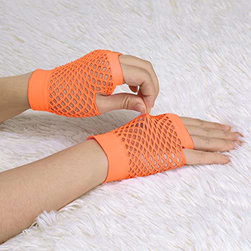 Allegra K Women's Fingerless Mesh 1980s Fancy Dress Party Costume Accessories Fishnet Gloves Long-1Pair Orange