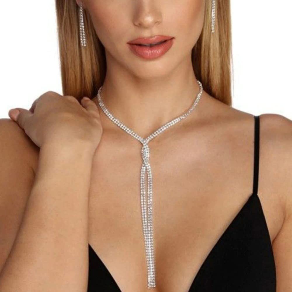 Rumtock Silver Rhinestones Tennis Chain Y Choker Necklace Women Girls Twist Chain Dressy Necklace Jewelry Wedding Bridal Necklace