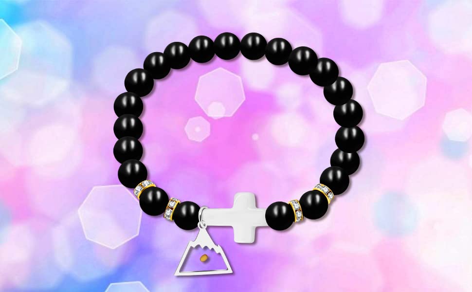 Uloveido Synthetic White Agate Side Cross Bracelet, Black Onyx Beaded, Triangle Mountain Mustard Seed Charm Pendant Y944 (Triangle Mountain)