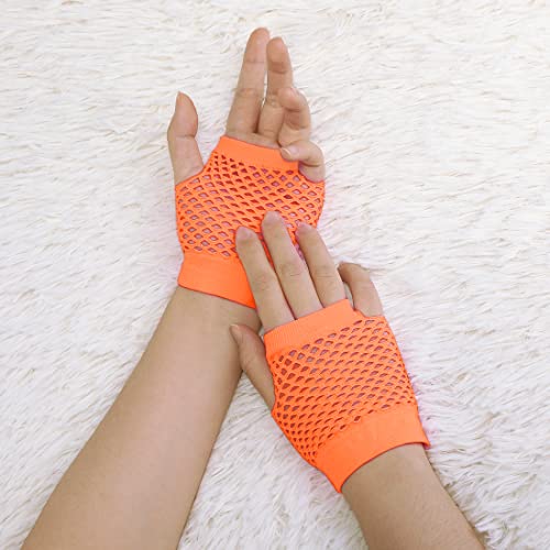 Allegra K Women's Fingerless Mesh 1980s Fancy Dress Party Costume Accessories Fishnet Gloves Long-1Pair Orange