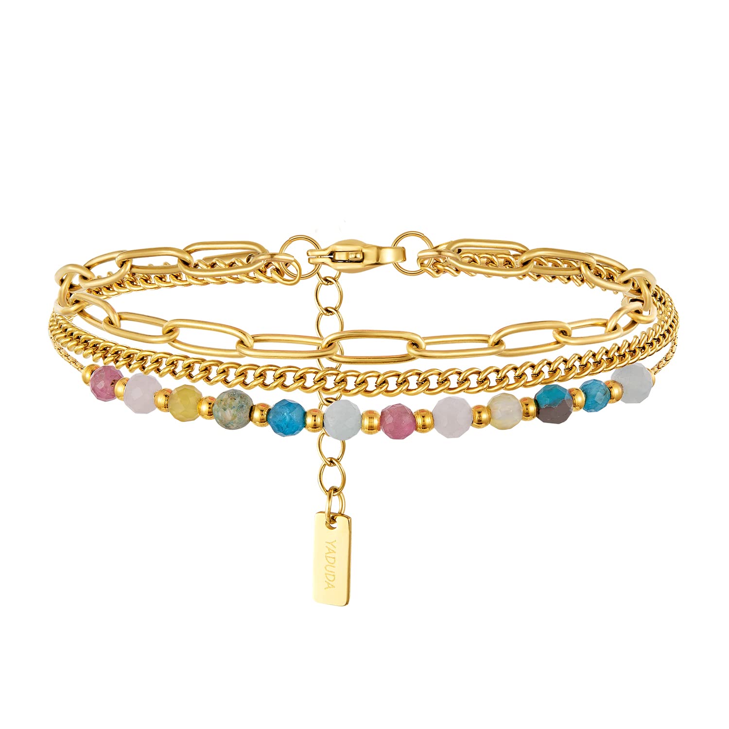 YADUDA Layered Dainty Gold Bracelets for Women Chain Link Paperclip with Colorful Crystal, Adjustable 14K Gold Plated Colorful Beaded Trendy Bracelets