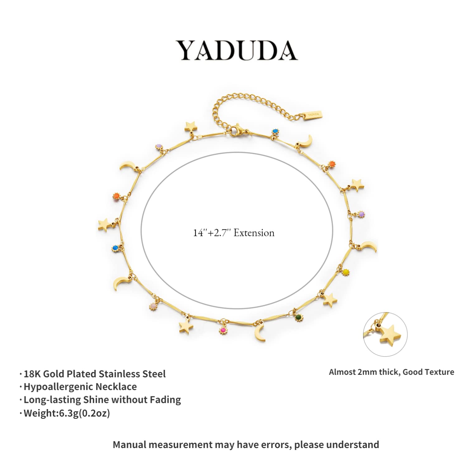 YADUDA Gold Moon and Star Sun Necklace Non Tarnish 18k Gold Plated Dainty Gold Necklace Colorful Charm Gold Choker Necklaces for Women Preppy Necklace