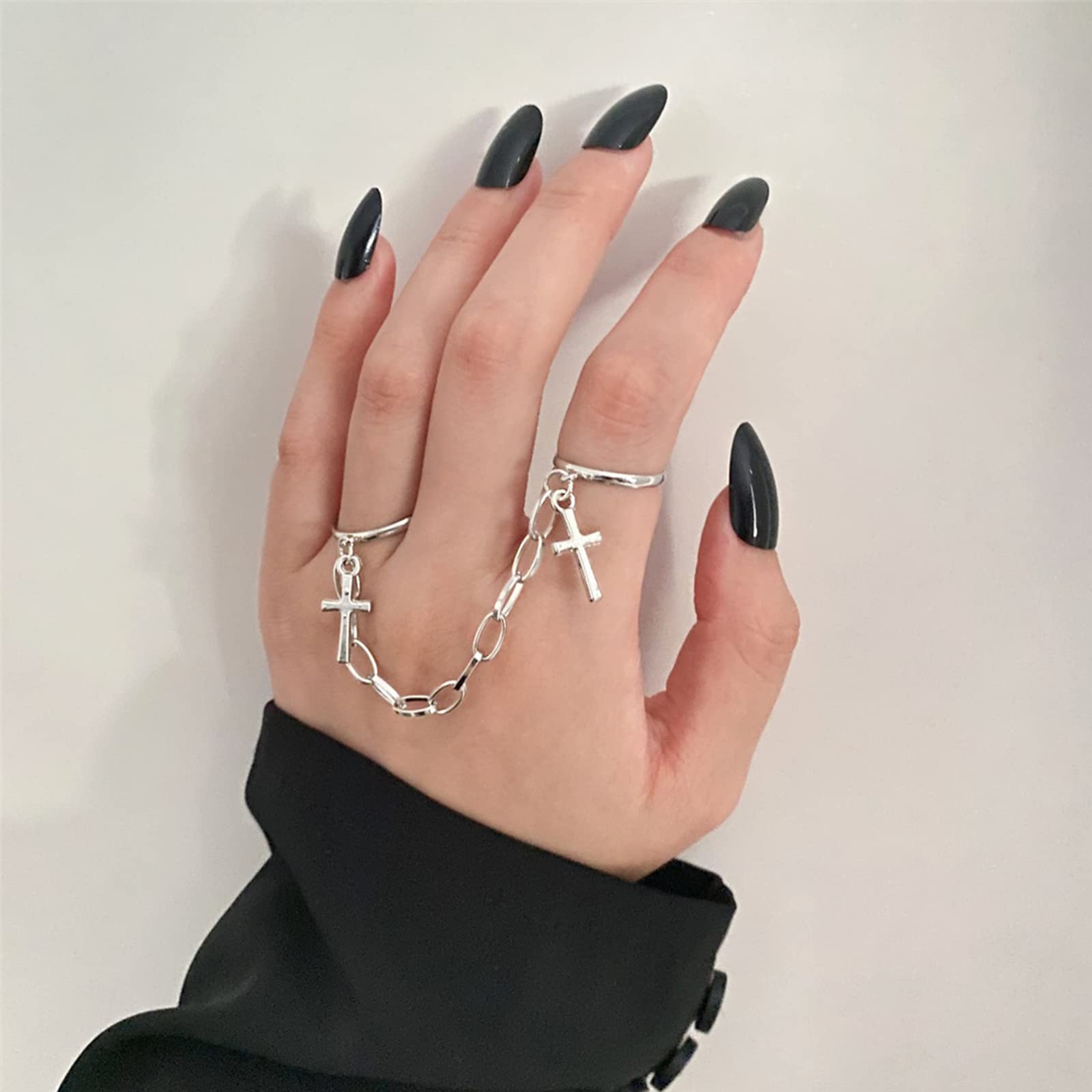 IFKM Vintage Silver Chain Finger Rings Bracelet, Gothic Punk Emo Cross Cool Simple Rings, Adjustable Statement Stackable Rings For Wen Women