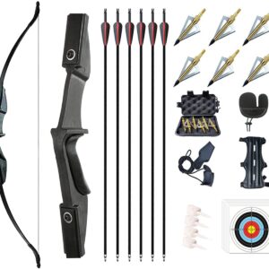 Monsour Archery Takedown Recurve Bow and Arrow Set Left/Rght Hand Longbow Kit Beginner Outdoor Hunting Shooting Practice 20lb 30lb 40lb (Black 40lb)