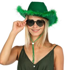 Funcredible Green Cowboy Hat and Glasses - Fluffy Cowgirl Hat with Star for Girls - Leprechaun Hat with Feathers - Leprechaun Costume - Halloween Accessories for Women