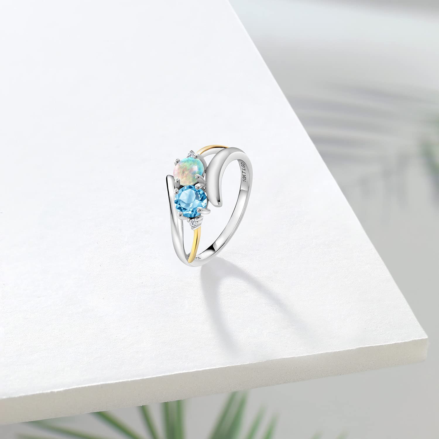 925 Sterling Silver and 10K Yellow Gold Round Cabochon White Simulated Opal Swiss Blue Topaz and Lab Grown Diamond Women Ring (1.17 Cttw, Gemstone Birthstone, Available In Size 5, 6, 7, 8, 9)