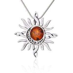 ambedora women's 925 silver oxidised round baltic amber celtic sun & moon pendant on a chain with a snake chain gift set