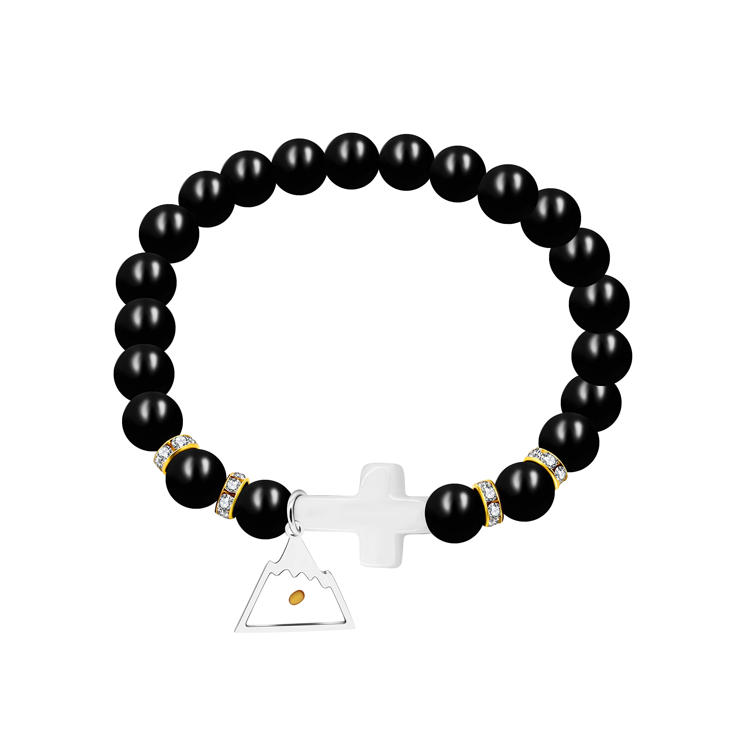 Uloveido Synthetic White Agate Side Cross Bracelet, Black Onyx Beaded, Triangle Mountain Mustard Seed Charm Pendant Y944 (Triangle Mountain)