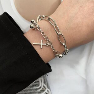 IFKM Vintage Silver Chain Finger Rings Bracelet, Gothic Punk Emo Cross Cool Simple Rings, Adjustable Statement Stackable Rings For Wen Women