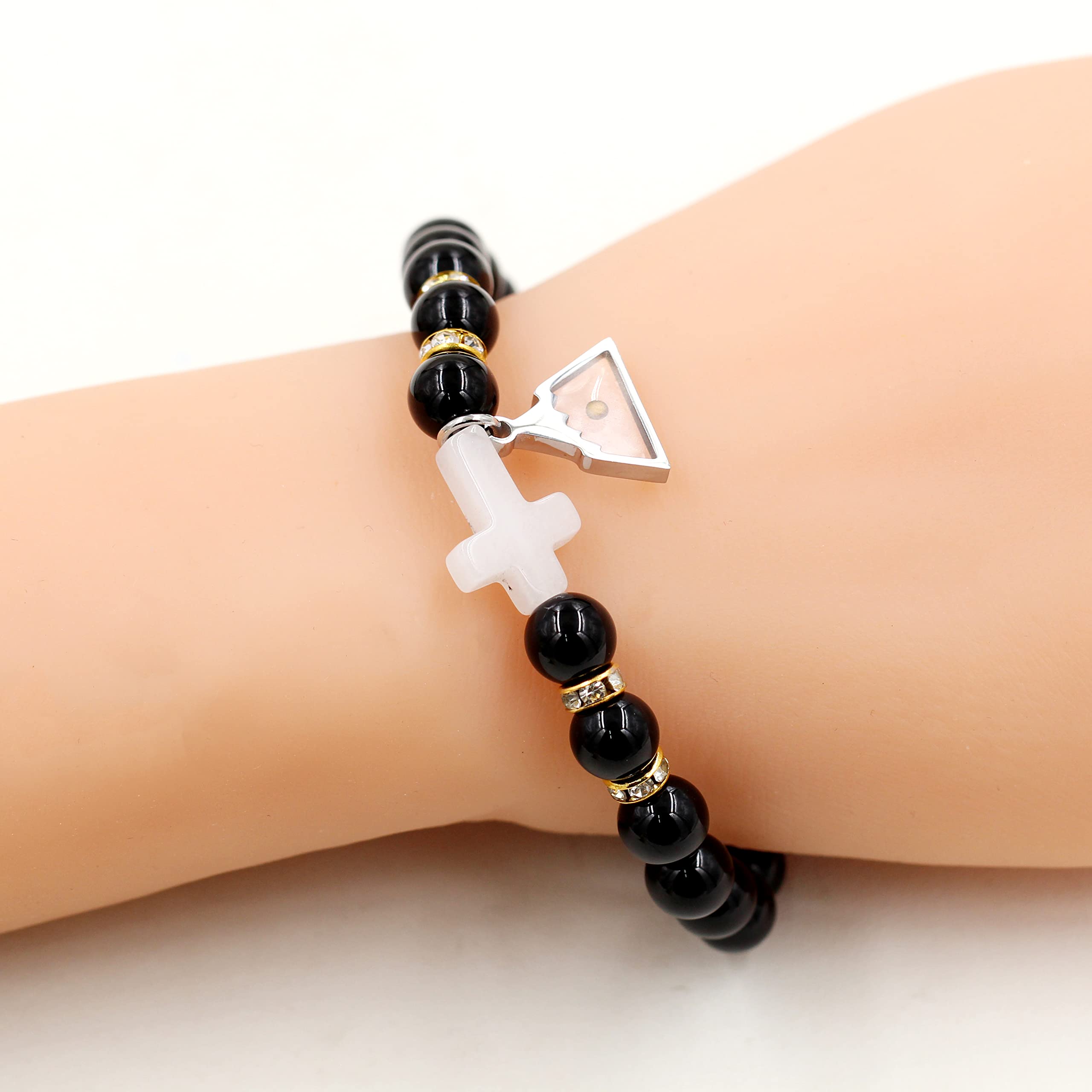 Uloveido Synthetic White Agate Side Cross Bracelet, Black Onyx Beaded, Triangle Mountain Mustard Seed Charm Pendant Y944 (Triangle Mountain)