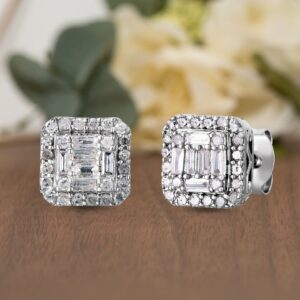 Natalia Drake Small Round Baguette Cluster 1/2 Cttw Diamond Stud Earrings for Women in Rhodium Plated 925 Sterling Silver