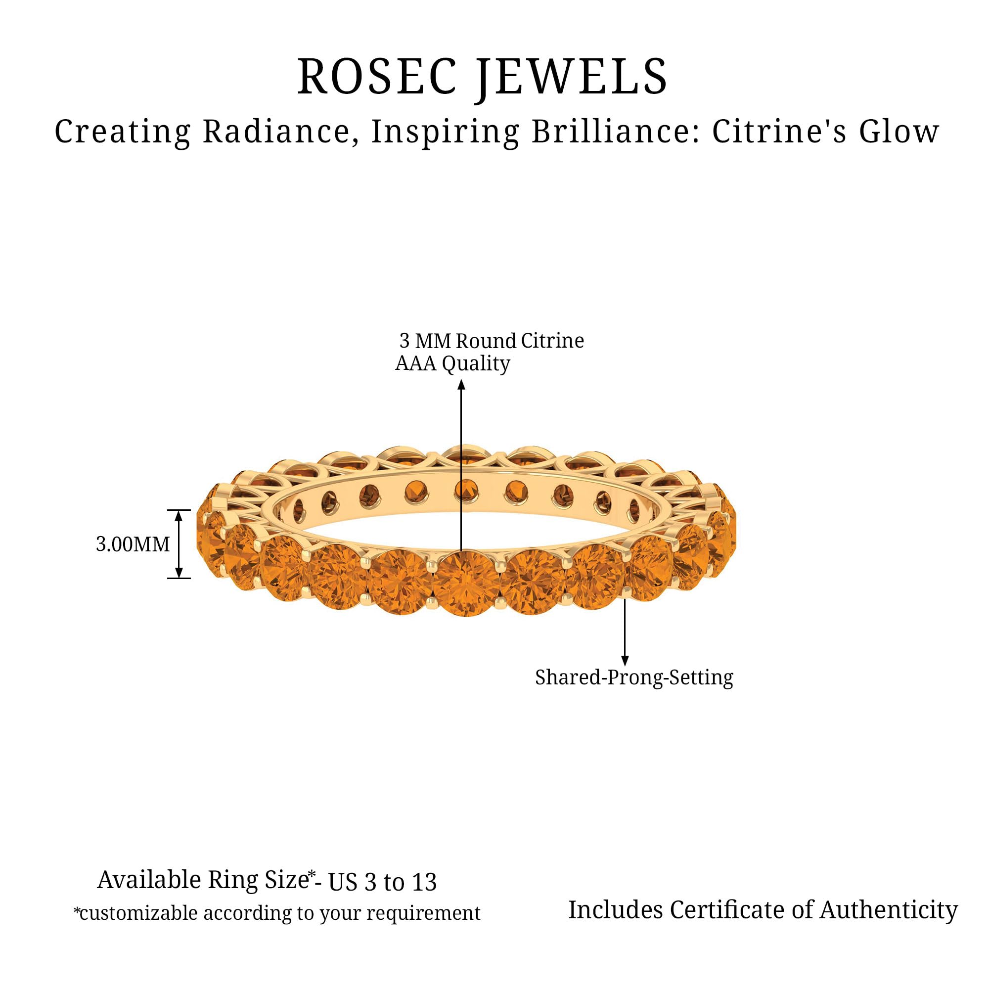 Citrine Wedding Anniversary Eternity Ring for Women, AAA Quality, Stackable Gemstone Jewelry, 14K Yellow Gold, Size:US 8.50