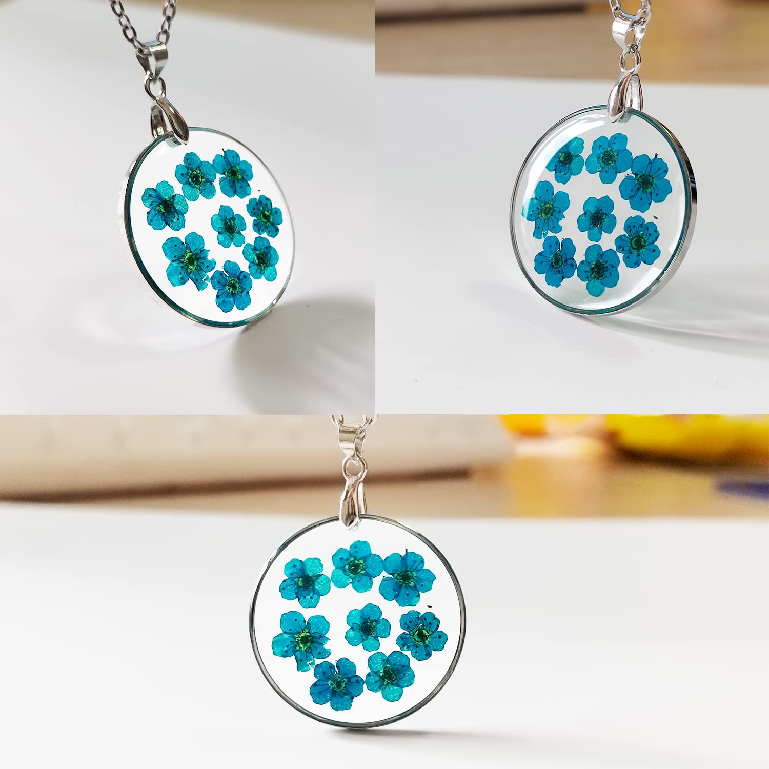 PTGMH Pressed Flower Necklace with Real Dried Flower Sample Resin Jewelry Flower Jewelry Round Resin Pendant Flower Necklace for Women (blue)