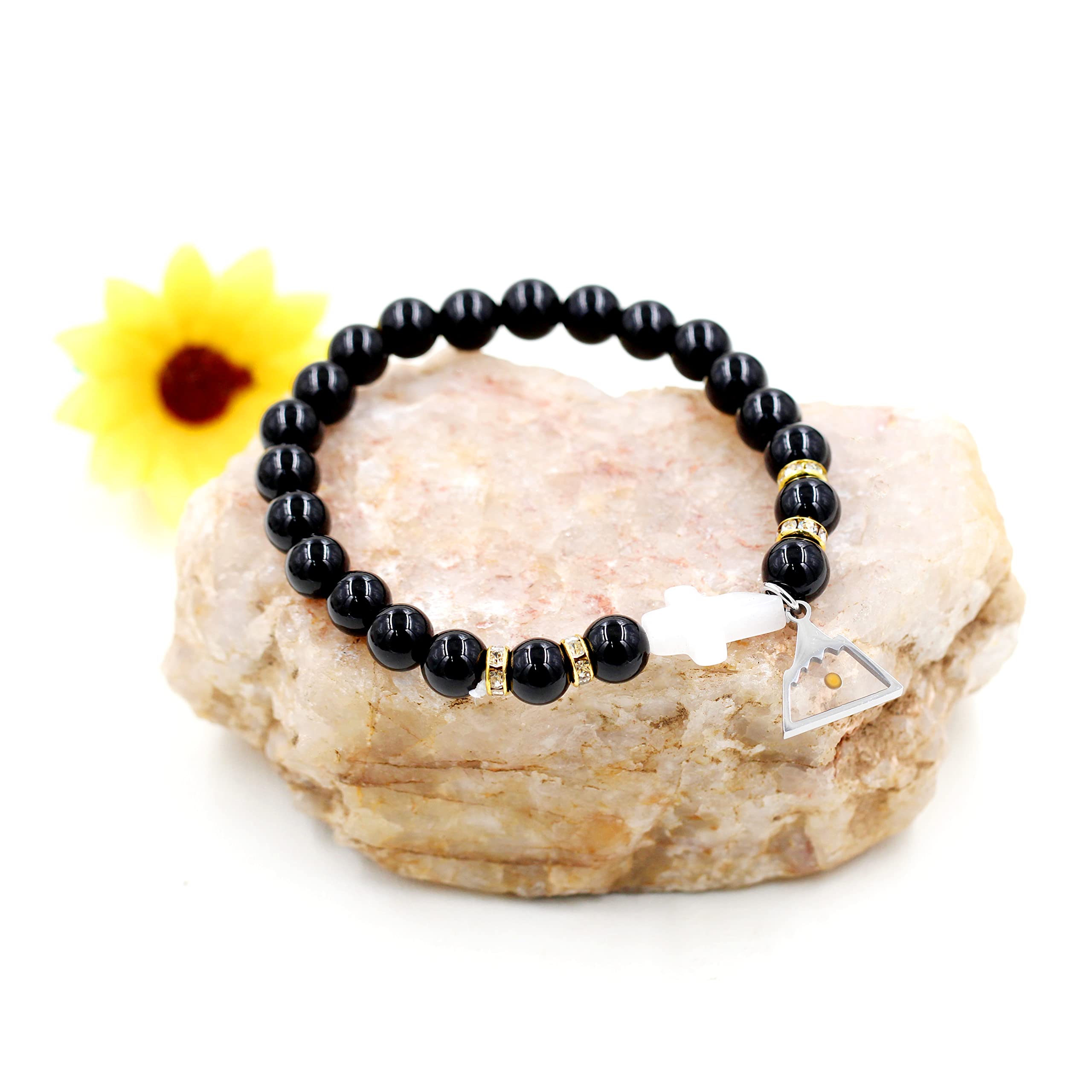 Uloveido Synthetic White Agate Side Cross Bracelet, Black Onyx Beaded, Triangle Mountain Mustard Seed Charm Pendant Y944 (Triangle Mountain)