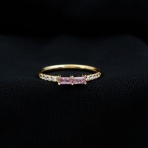 Certified Natural Pink Sapphire Diamond Promise Ring, AAA Quality, Pink Sapphire Anniversary Ring - With Jewelry Box, 14K Yellow Gold, Size:US 9.00