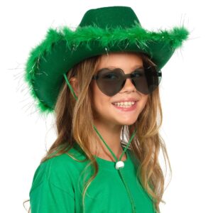 Funcredible Green Cowboy Hat and Glasses - Fluffy Cowgirl Hat with Star for Girls - Leprechaun Hat with Feathers - Leprechaun Costume - Halloween Accessories for Women