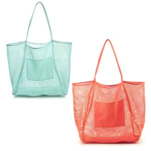 mesh beach tote womens shoulder handbag (ice blue, coral)