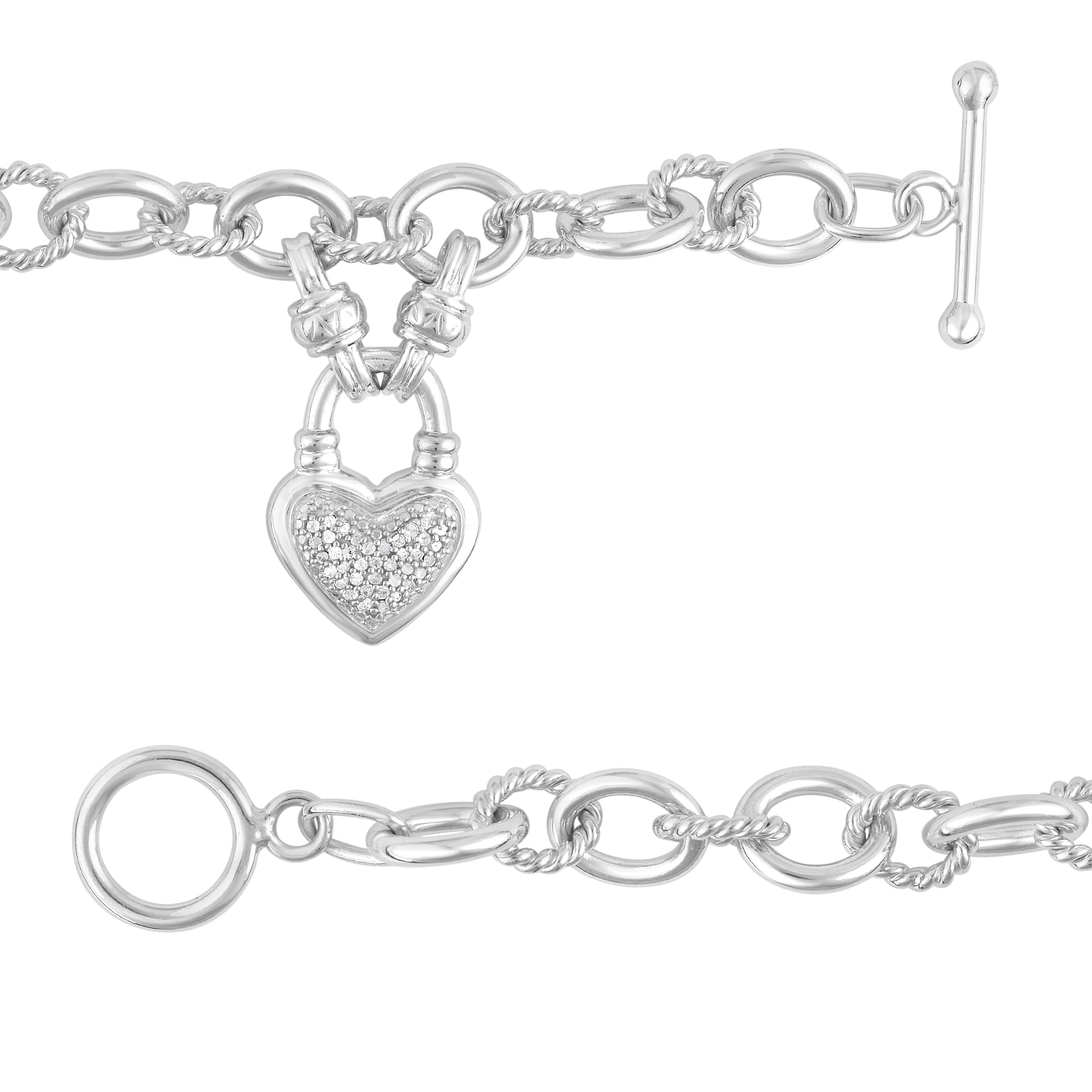 Beyond Brilliance 0.15 Carat Round Cut Real Diamond Heart Charm Link Bracelet Sterling Silver | Fine Jewelry for Women | Gift for Her | Gift Box Included