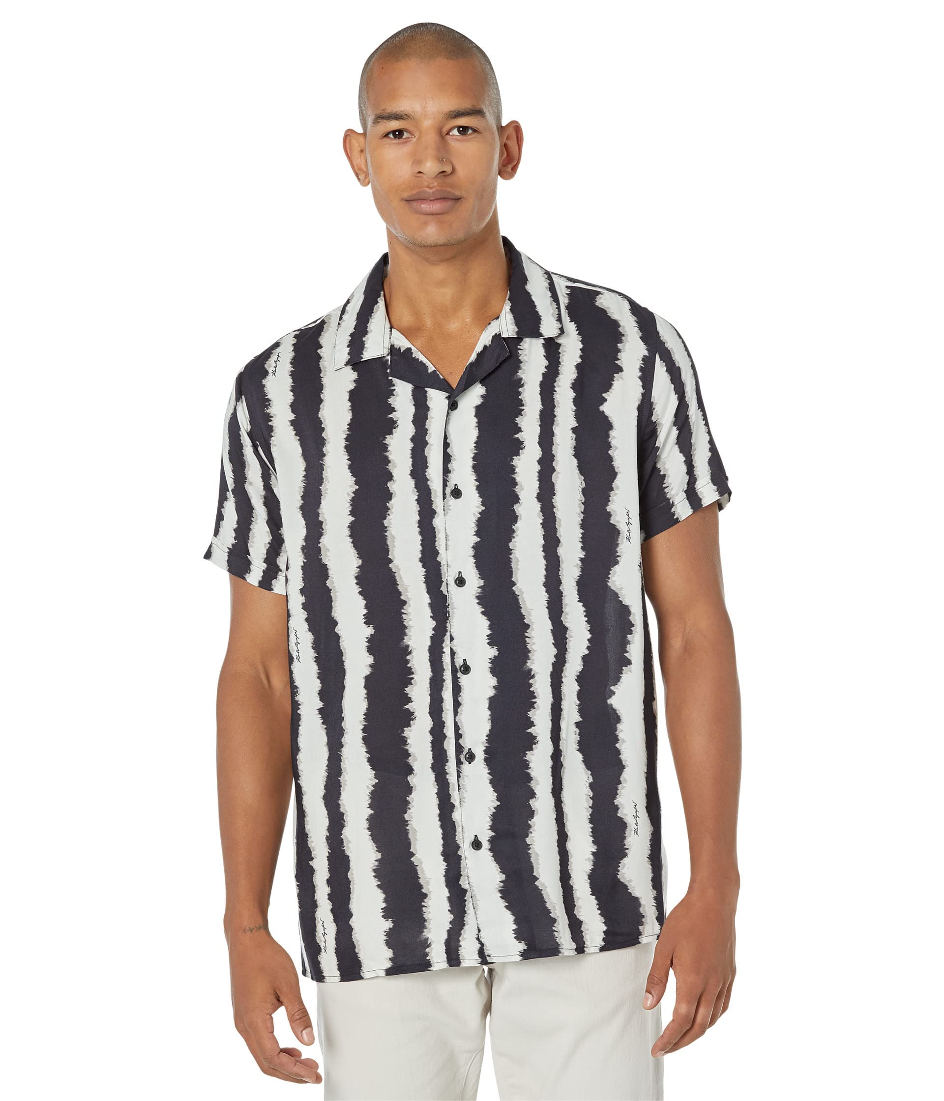 Karl Lagerfeld Paris Men's Tie Dye Stripe Short Sleeve Woven Shirt, White/Black, X-Large