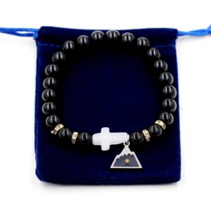 Uloveido Synthetic White Agate Side Cross Bracelet, Black Onyx Beaded, Triangle Mountain Mustard Seed Charm Pendant Y944 (Triangle Mountain)