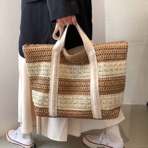 QTKJ Straw Bag, Beach Bags for Women, Soft Woven Beach Tote Canvas Shoulder Strap, Handmade Rattan Handbag for Vacation, Travel and Daily(Khaki Stripes)