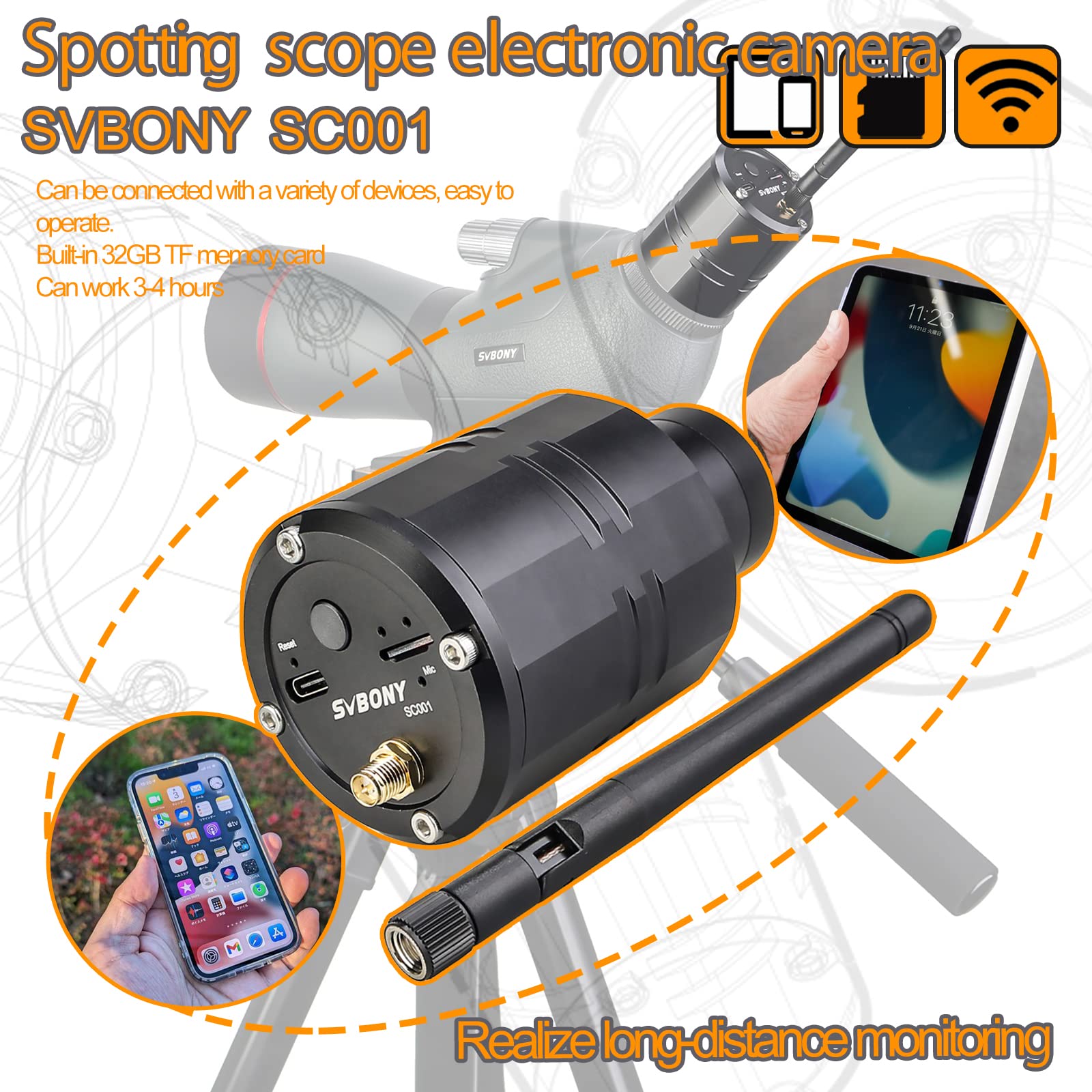 SVBONY SC001 WiFi Spotting Scope Camera Bundle with SV406P 20-60x80mm Spotting Scopes for Bird Watching Capture Photos and Video