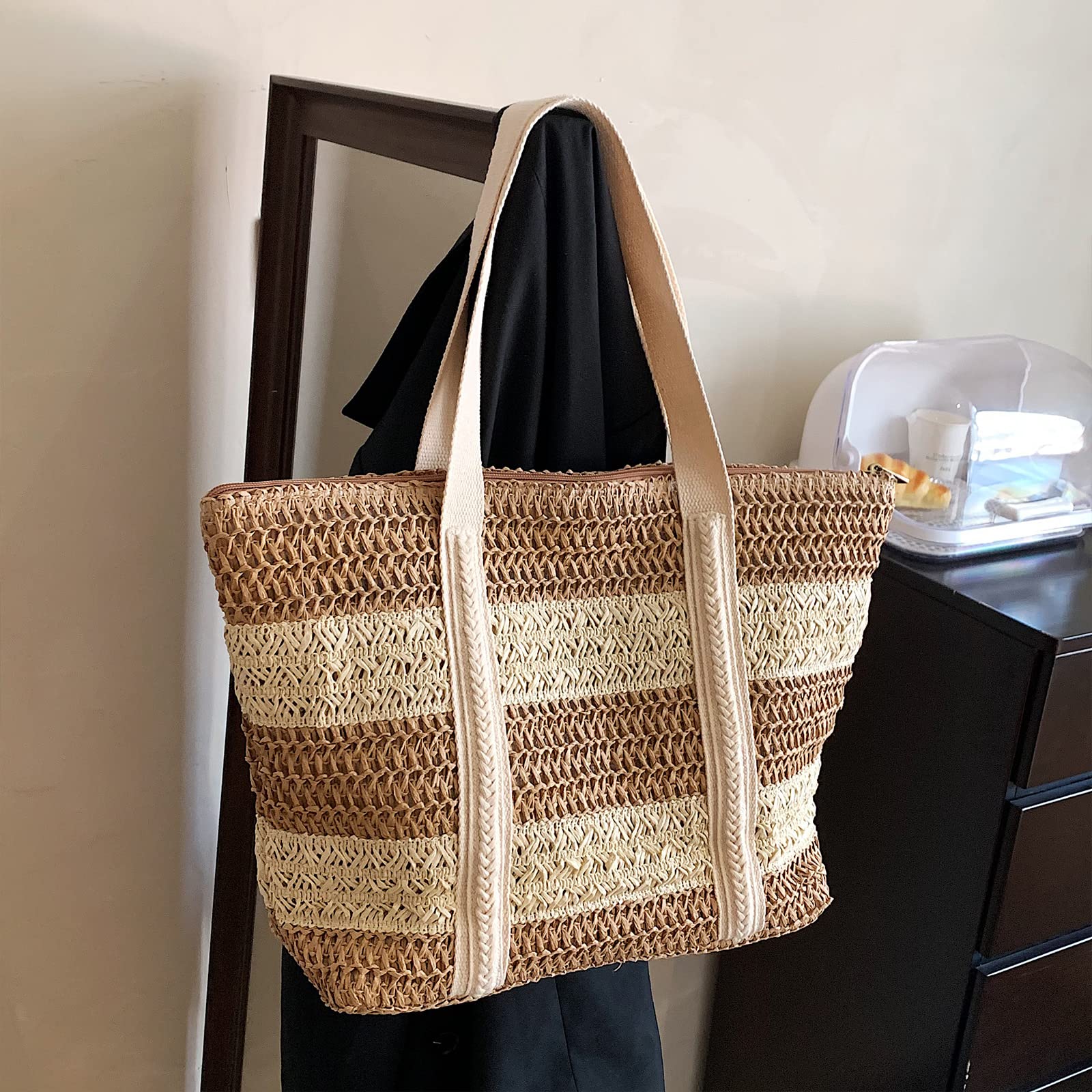 QTKJ Straw Bag, Beach Bags for Women, Soft Woven Beach Tote Canvas Shoulder Strap, Handmade Rattan Handbag for Vacation, Travel and Daily(Khaki Stripes)