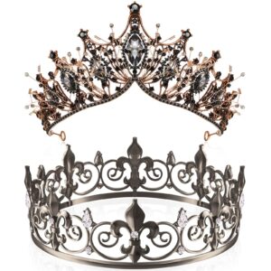 junkin 2 pcs crowns for men women baroque queen crown king prince tiara princess crystal headband rhinestone prom party (black)