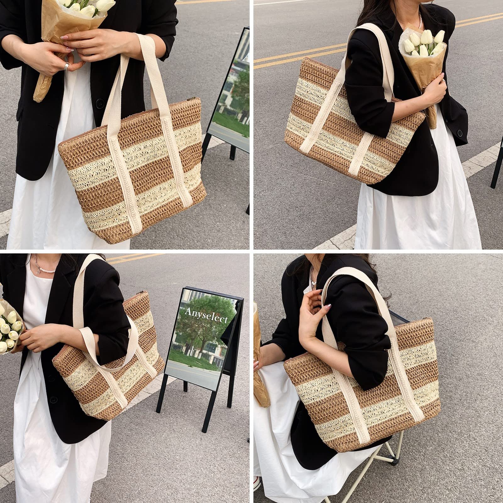 QTKJ Straw Bag, Beach Bags for Women, Soft Woven Beach Tote Canvas Shoulder Strap, Handmade Rattan Handbag for Vacation, Travel and Daily(Khaki Stripes)