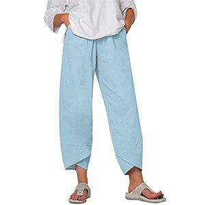 liuguoo 2024 summer pants for women casual pockets cotton linen wide leg drawstring elastic waist capris crop pants slacks light blue