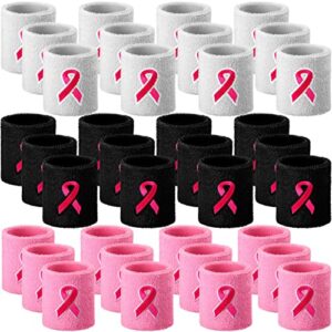 36 pack pink ribbon wristbands breast cancer awareness sweatband for women men youth sports fan wristbands for football basketball baseball running athletic(pink, black, white)