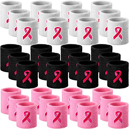 36 Pack Pink Ribbon Wristbands Breast Cancer Awareness Sweatband for Women Men Youth Sports Fan Wristbands for Football Basketball Baseball Running Athletic(Pink, Black, White)