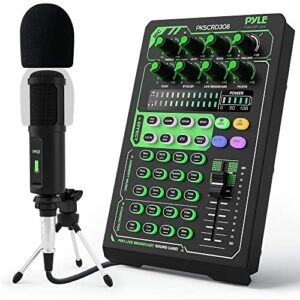 pyle portable bluetooth live broadcast sound card pro audio interface dj mixer condenser w/microphone set, for streaming podcasts studio, recording pc, gaming, phone, w/fx, ambient sounds - pkscrd308