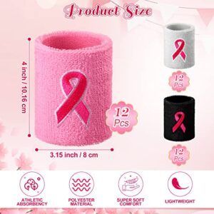 36 Pack Pink Ribbon Wristbands Breast Cancer Awareness Sweatband for Women Men Youth Sports Fan Wristbands for Football Basketball Baseball Running Athletic(Pink, Black, White)