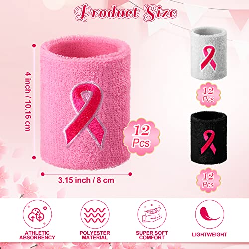 36 Pack Pink Ribbon Wristbands Breast Cancer Awareness Sweatband for Women Men Youth Sports Fan Wristbands for Football Basketball Baseball Running Athletic(Pink, Black, White)