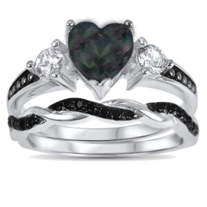 His Hers Wedding Ring Set TRIO 3 PCS Simulated Black Topaz Bridal Set Silver Black Titanium Him Her 11/12