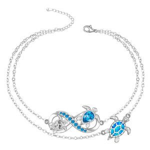 turtle anklet blue opal sea turtle ankle bracelets for women sterling silver infinity wave ocean beach summer foot bracelet jewelry layered adjustable