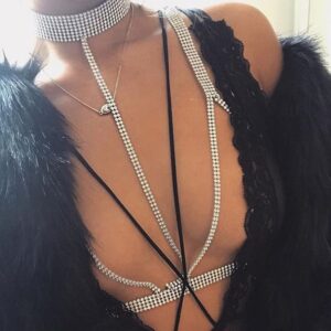 rumtock sparkly rhinestones silver choker with body chain bikini nightclub waist chain for women girls punk body jewelry