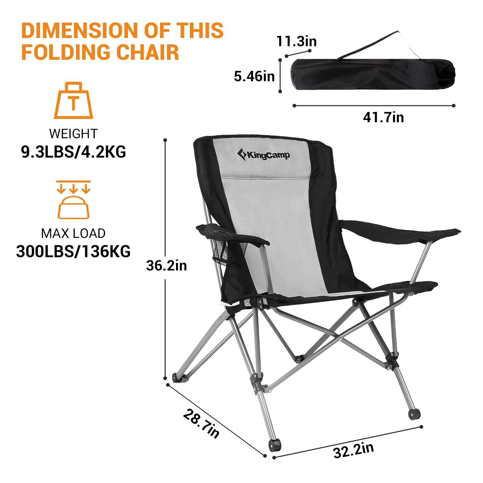 KingCamp 2 Pack Folding Camping Chair Oversized Heavy Duty Portable Lawn Chairs for Adults with Comfortable Tilted Back, Mesh Cup Holder and Carry Bag for Camping/Travel/Fishing (Black)