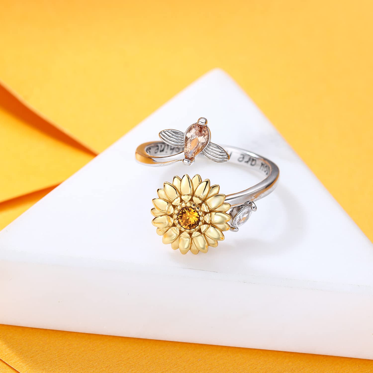 Aniu Graduation Gifts Golden Rotatable Sunshine Sunflower Ring for Women, S925 Sterling Silver You Are My Sunshine Jewelry with 5A Cubic Zirconia