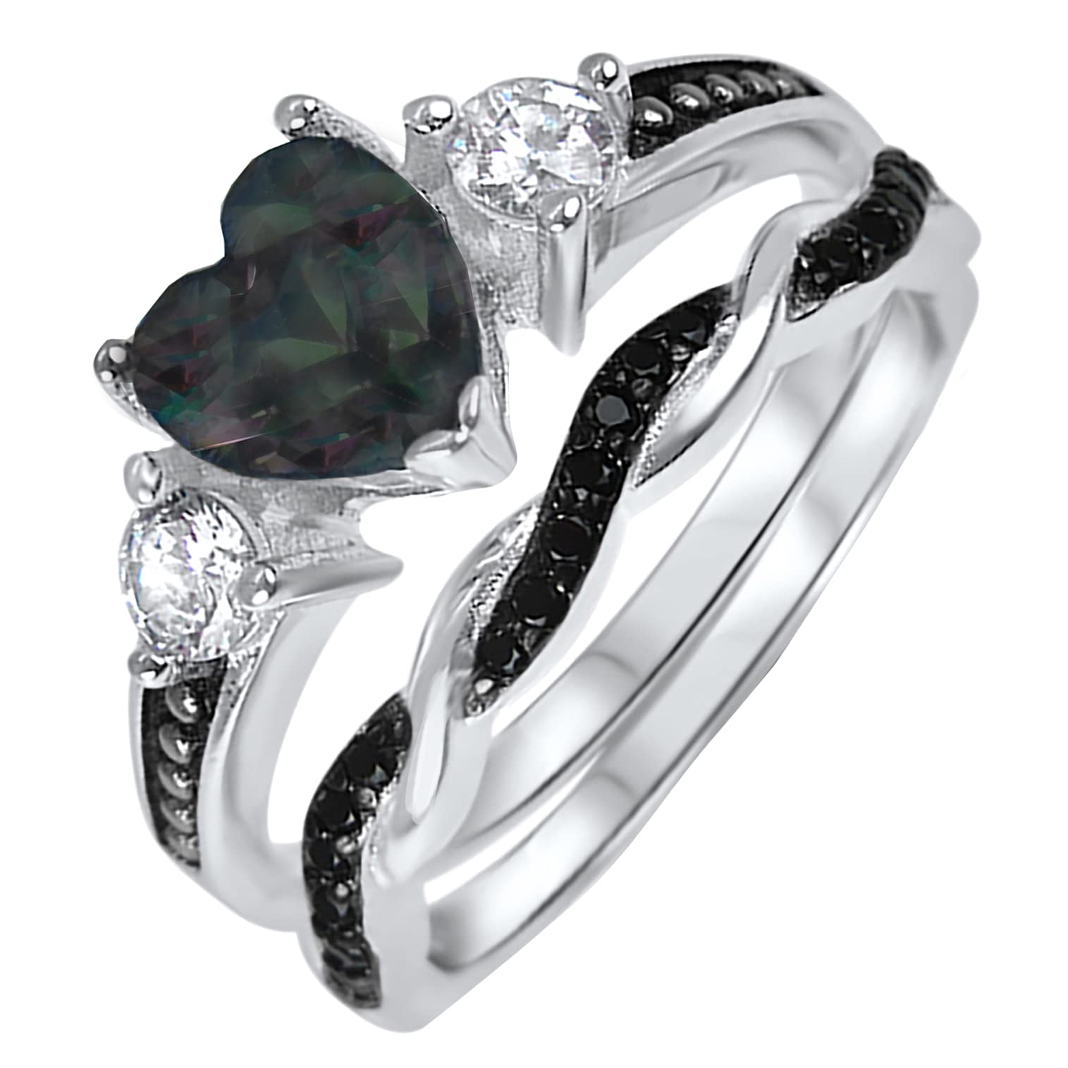 His Hers Wedding Ring Set TRIO 3 PCS Simulated Black Topaz Bridal Set Silver Black Titanium Him Her 11/12